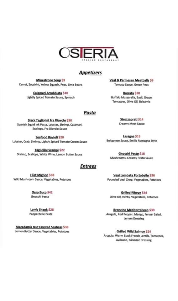 Menu at Osteria restaurant, Greensboro