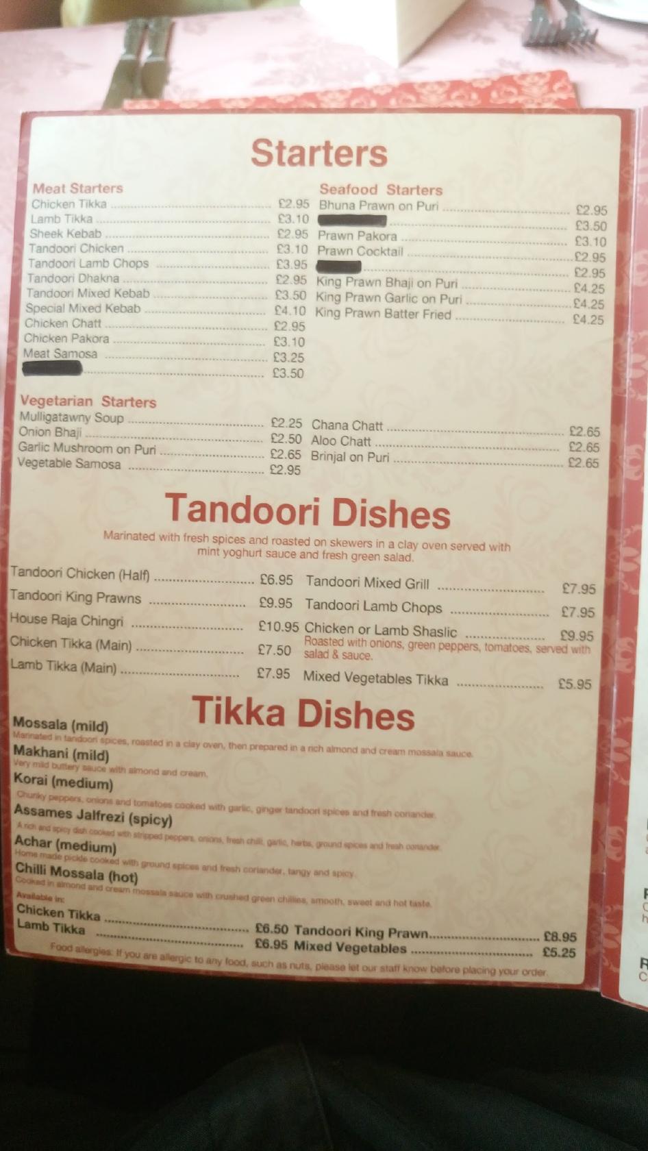 Menu at Shaj restaurant, Newbiggin-by-the-Sea