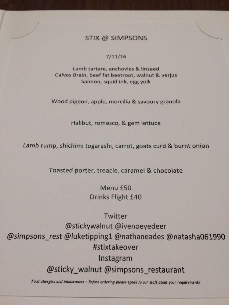 Menu at Simpsons Restaurant, Birmingham