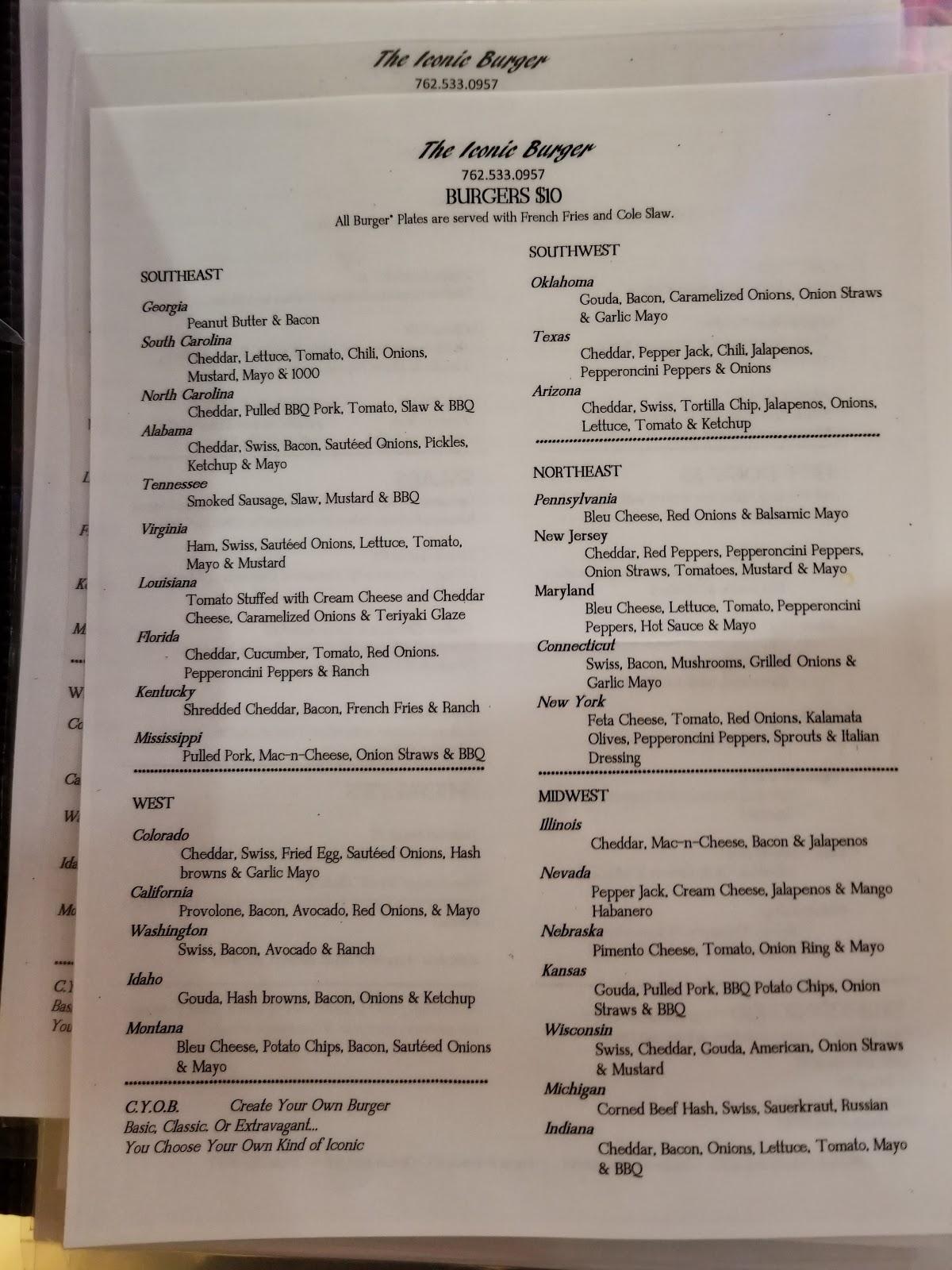 Menu at The Iconic Burger cafe, Hartwell
