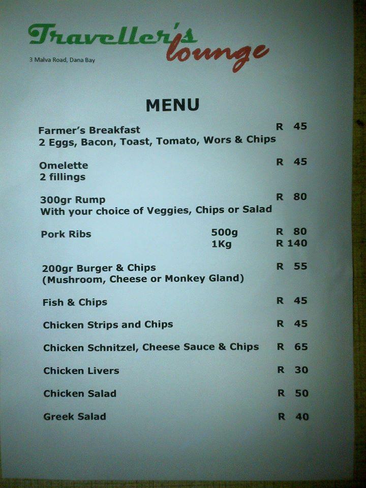 Carta del pub y bar Travellers at Dbay, Mosselbaai