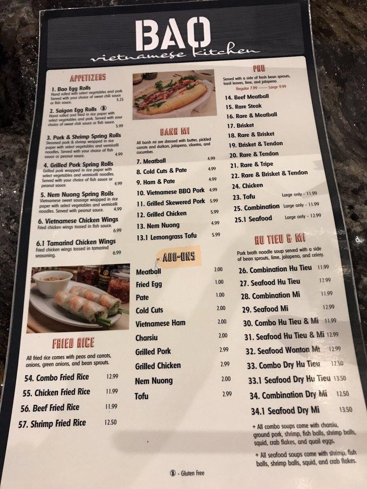 Menu at Bao Vietnamese Kitchen restaurant, Baton Rouge