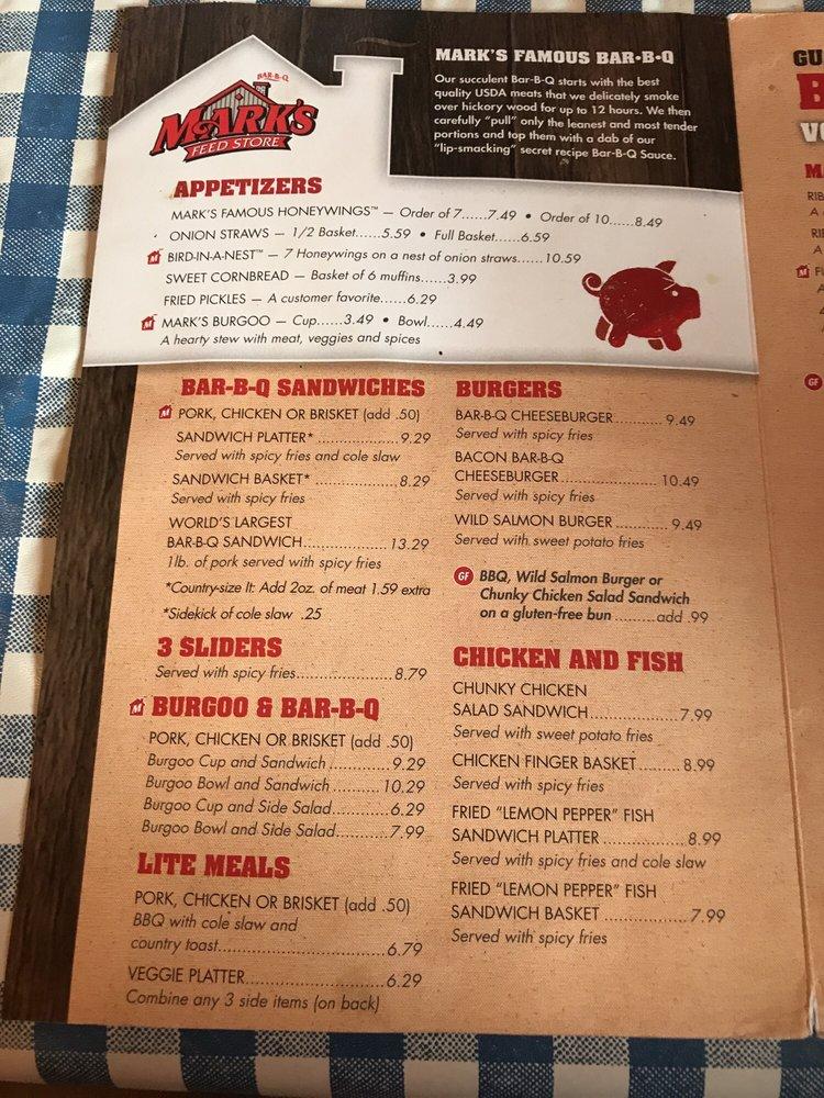 Menu at Mark's Feed Store BBQ, Louisville, 10316 Dixie Hwy
