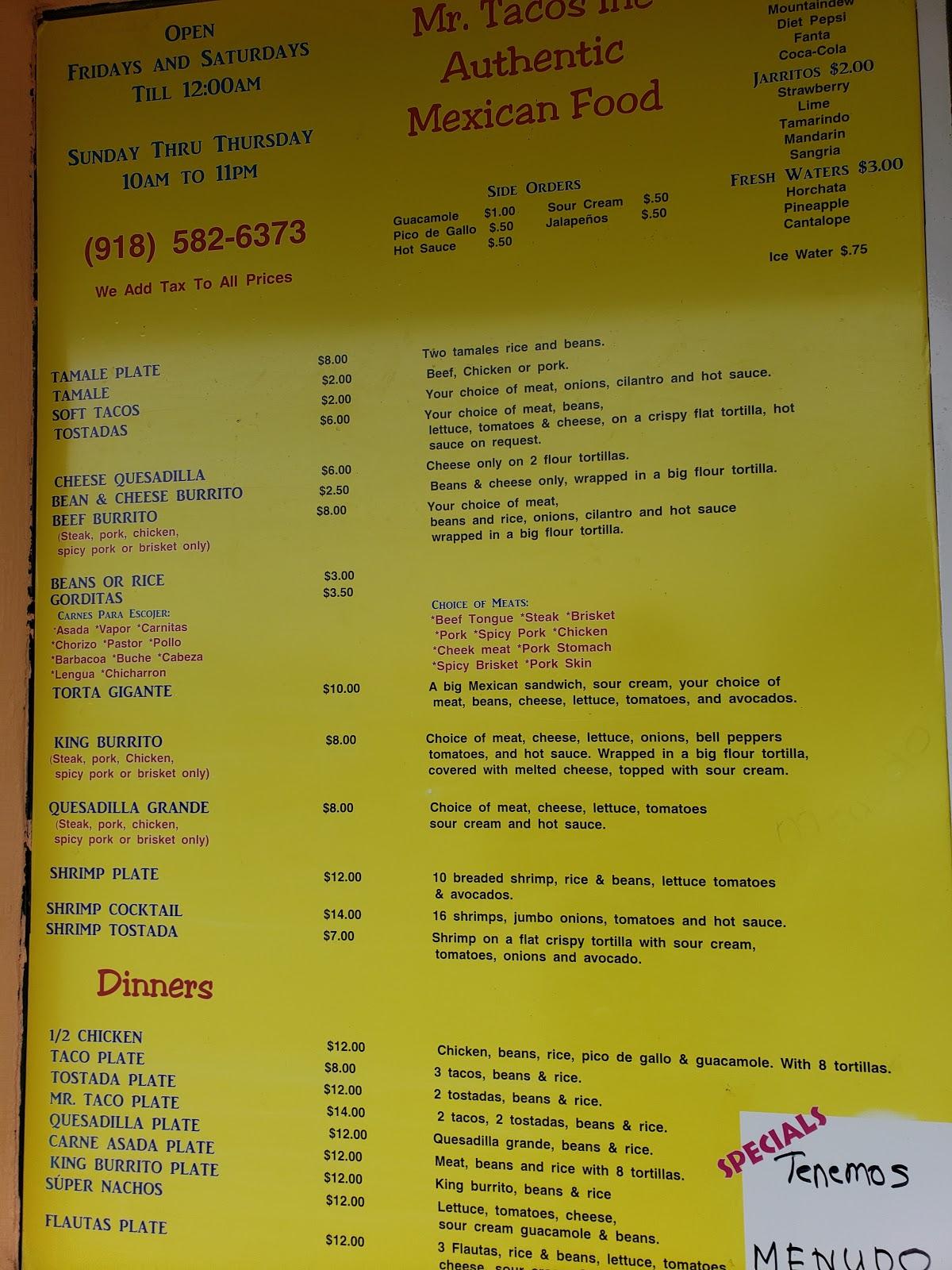 Menu at Mr Tacos restaurant, Tulsa, 130 N Lewis Ave