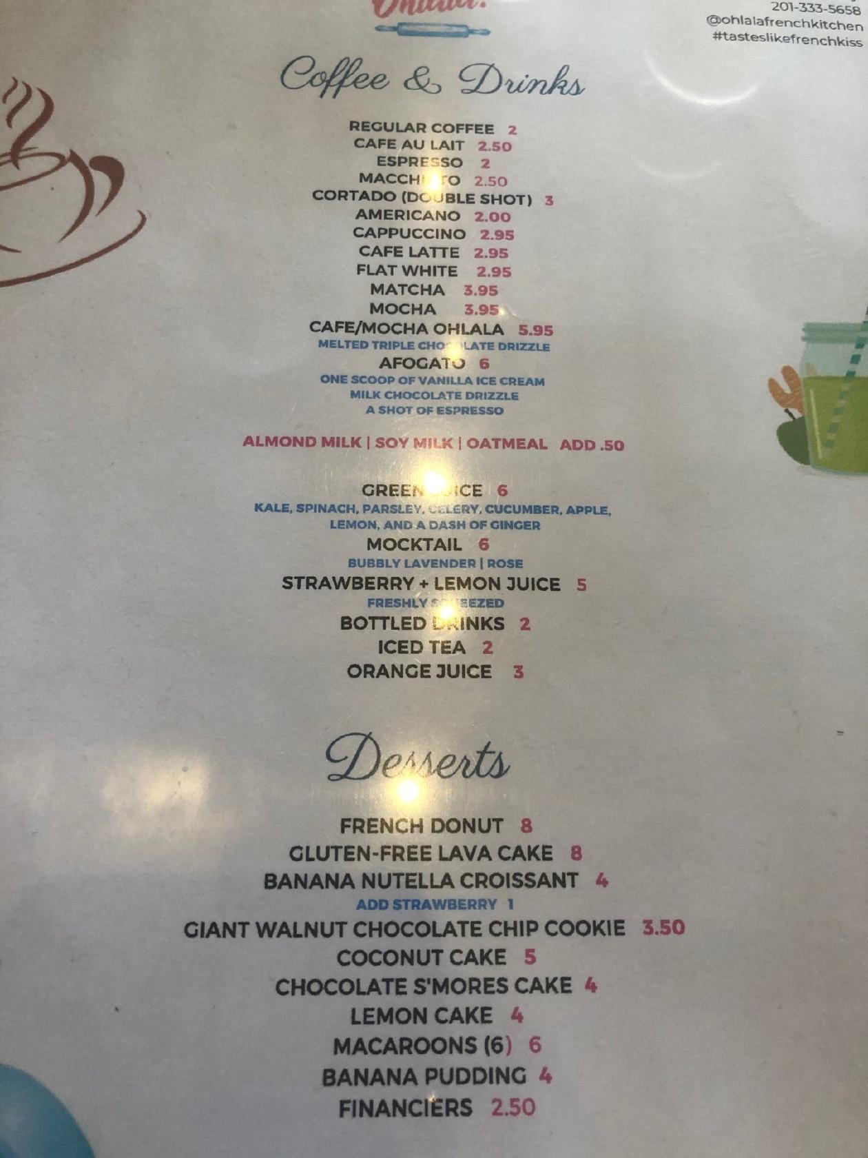 Menu at Ohlala! Dessert Bar, Jersey City, 686 Bergen Ave