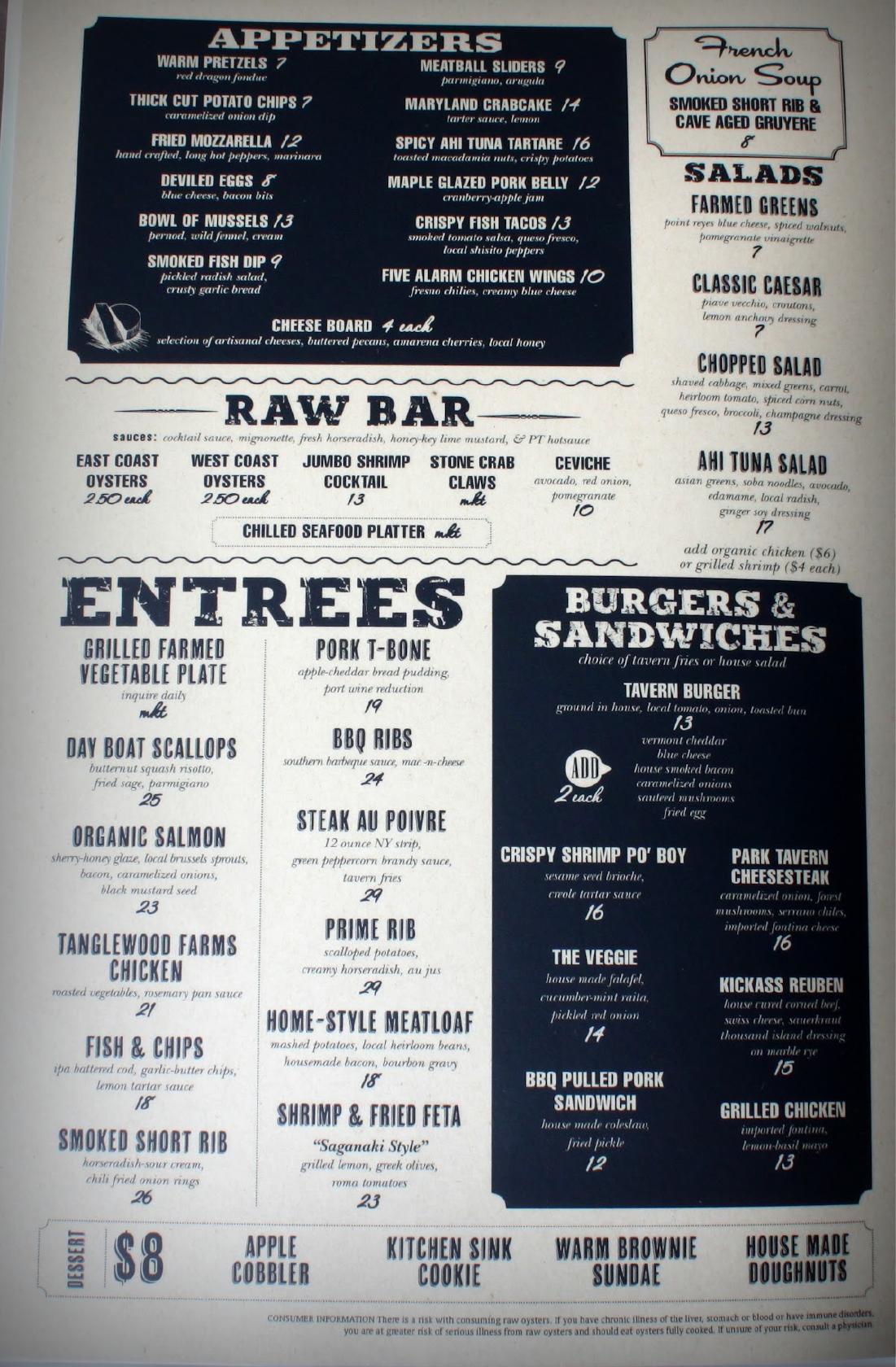 Menu at Park Tavern pub & bar, Delray Beach