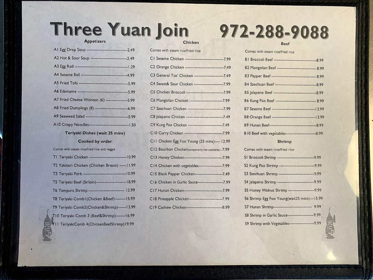 Menu at Three Yuan Join restaurant, Mesquite