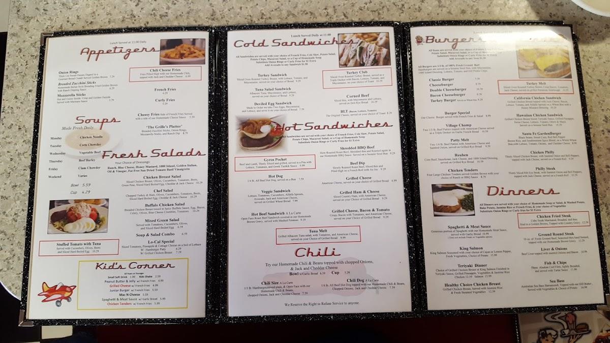 Menu at Village Grill restaurant, Claremont, 148 N Yale Ave