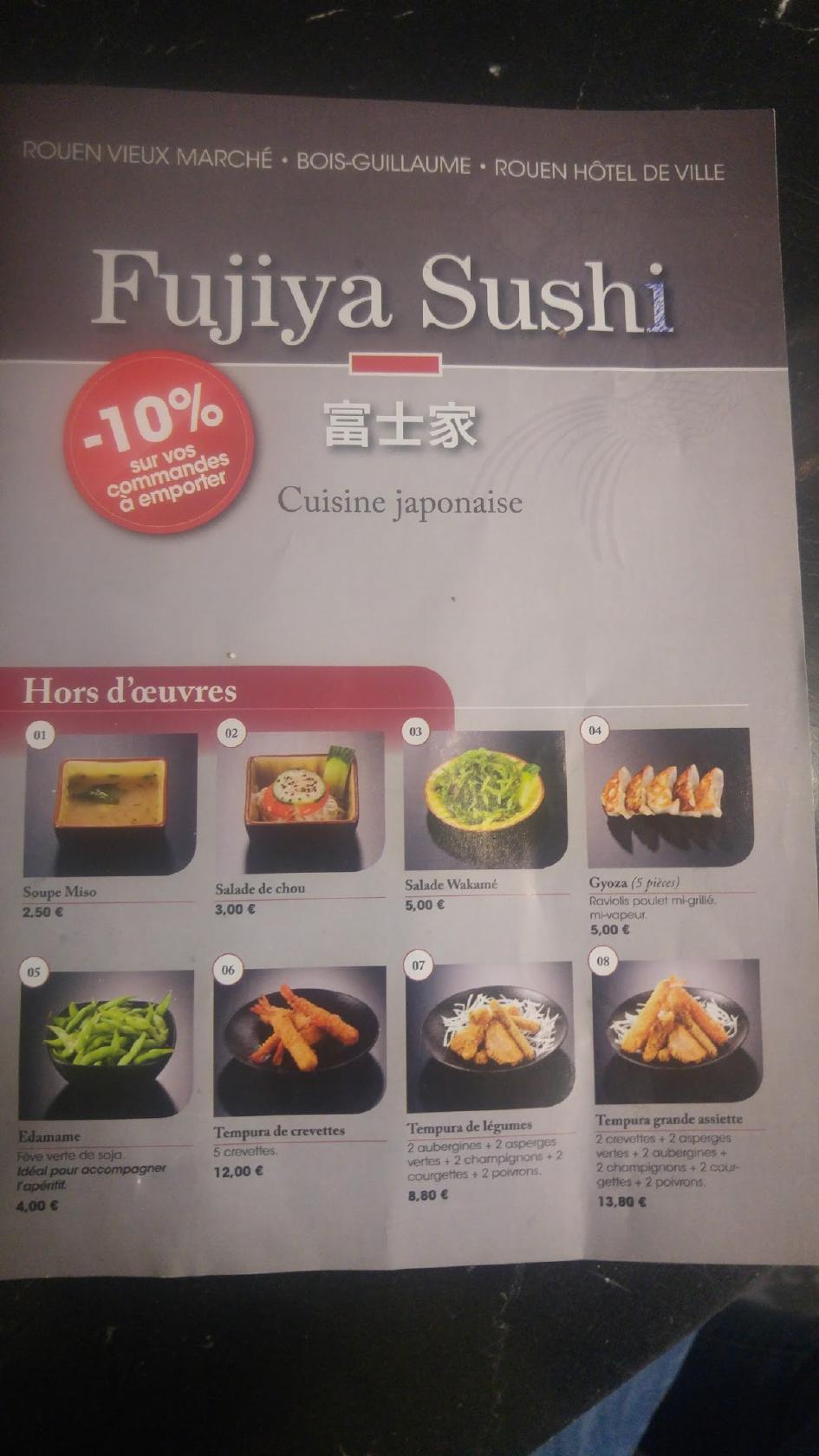 Menu at Fujiya Sushi restaurant, Rouen, 94 Rue de la République