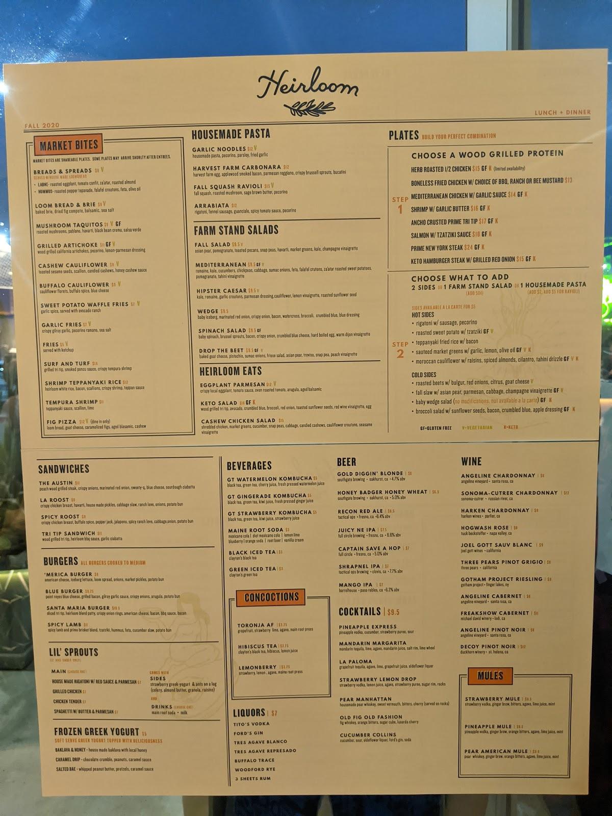 Menu at Heirloom restaurant, Fresno