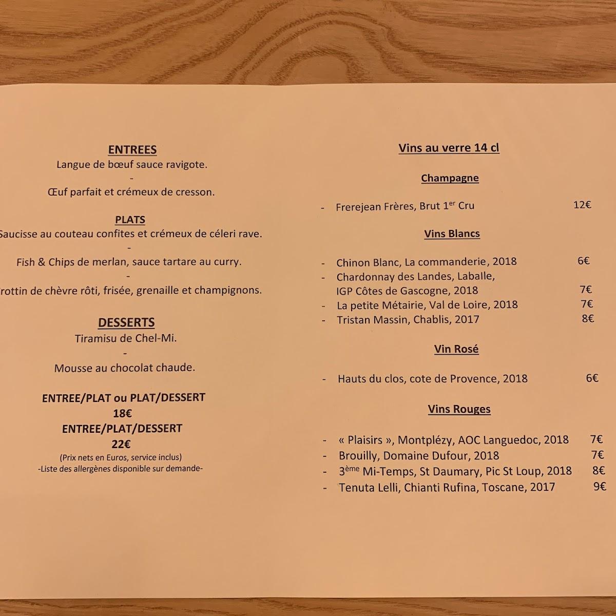 Menu au Milord restaurant, Paris, 12 Rue de Tolbiac
