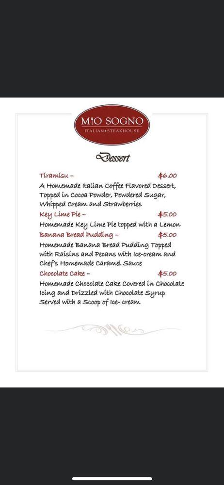 Menu at Mio Sogno restaurant, Oneonta, 200 1st Ave E