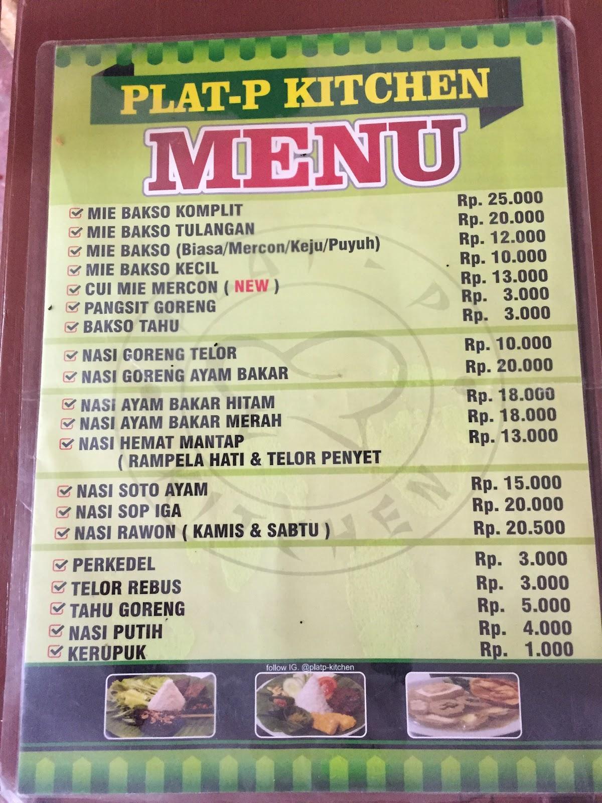 Menu at Plat P Kitchen restaurant, Banda Aceh
