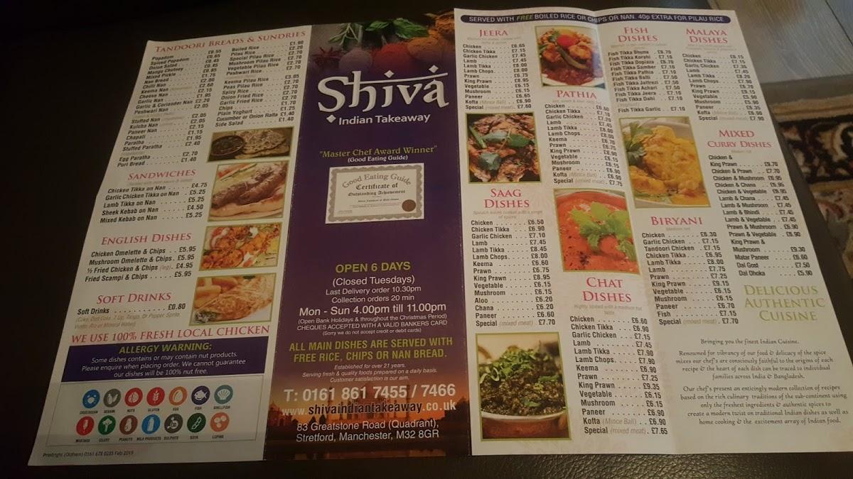 Menu at Shiva Tandoori & Balti House fast food, Manchester