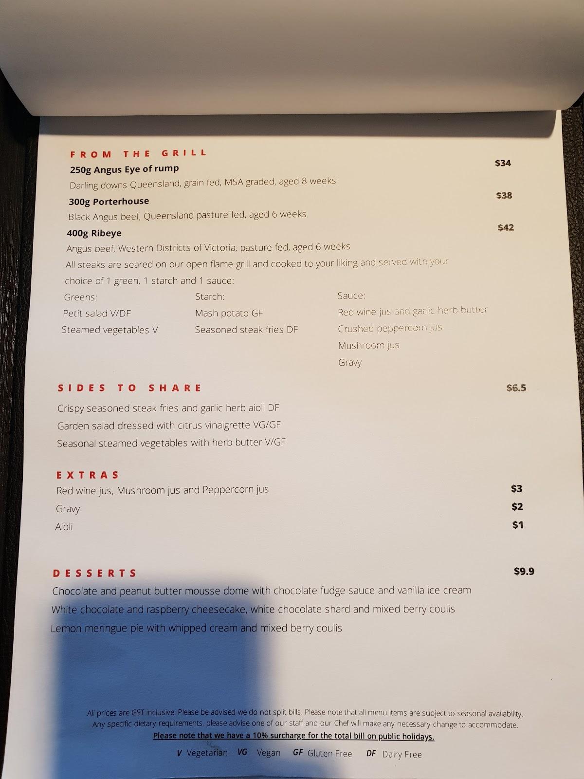 Menu at The Phoenix Hotel restaurant, Point Cook