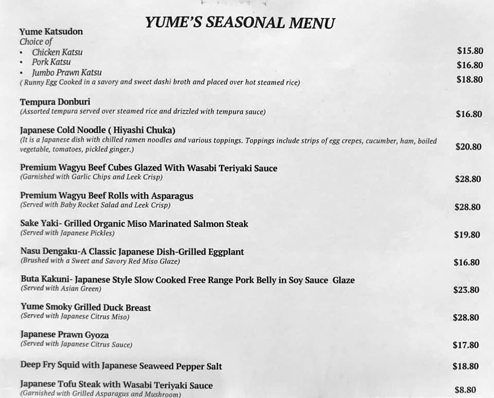 Menu at Yume Modern Japanese Restaurant, Erina