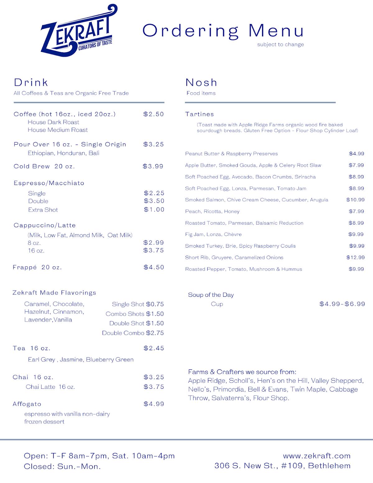 Menu at Zekraft - Curators of Taste - Cafe Bethlehem, Bethlehem