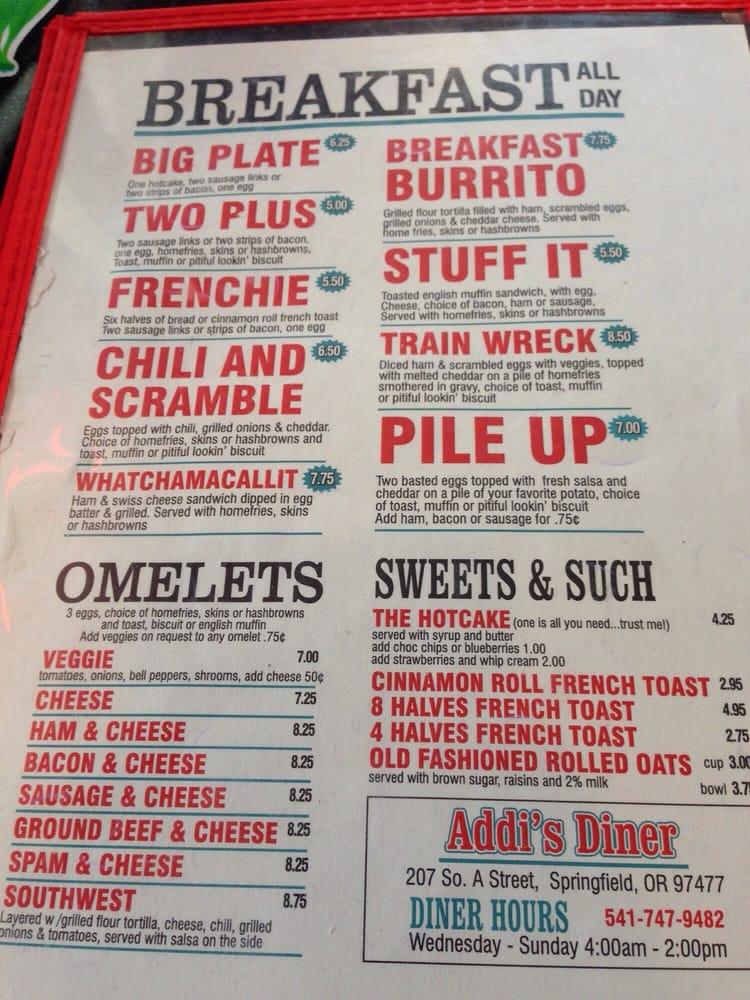 Menu at Addi's Diner restaurant, Springfield