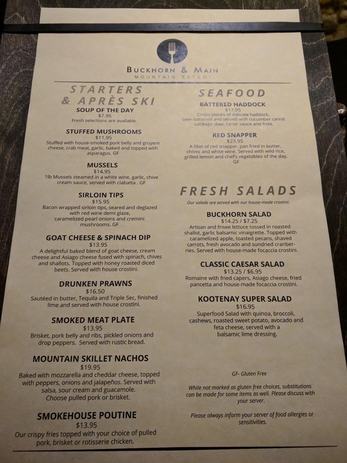 Menu at Buckhorn & Main Mountain Eatery pub & bar, Kimberley