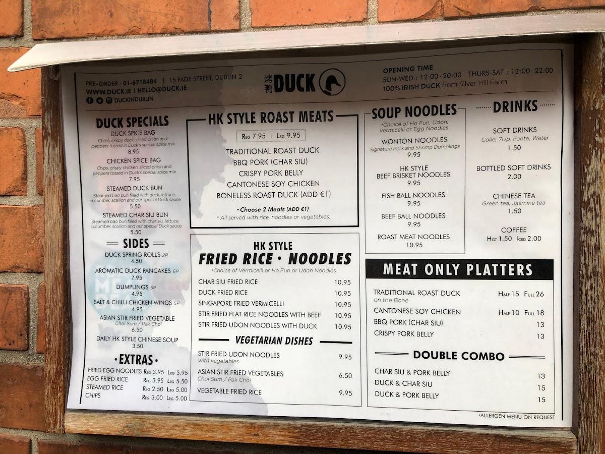 Menu at Duck restaurant, Dublin