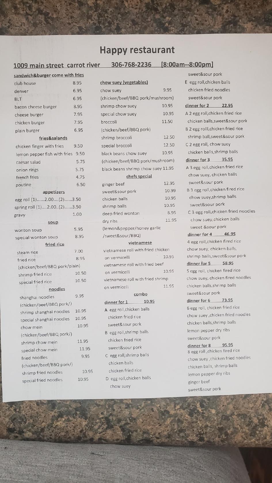 Menu at Happy Restaurant, Carrot River
