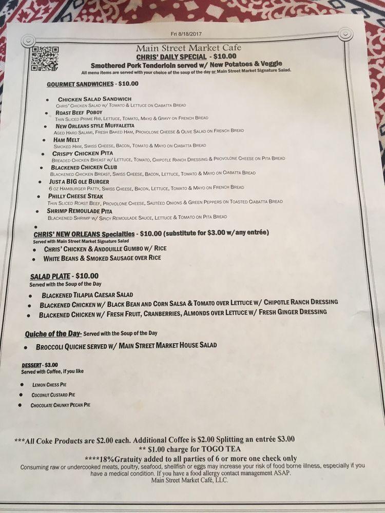 Menu at Main Street Market cafe, Vicksburg