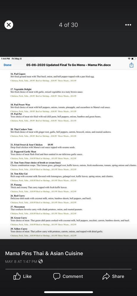Menu at Mama Pin’s Thai & Asian Cuisine restaurant, Knob Noster