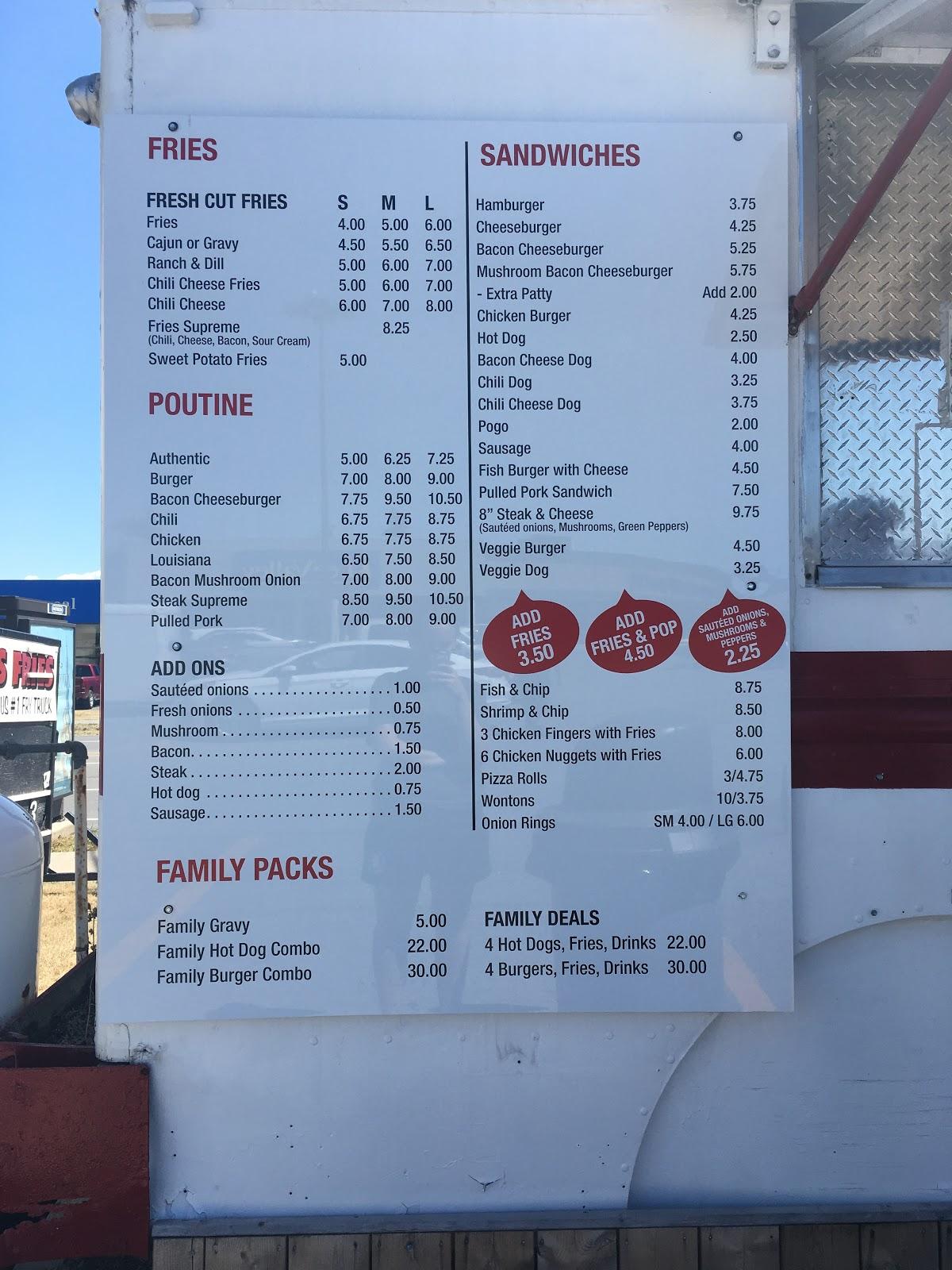 Menu at Michelle's Fries restaurant, Niagara Falls, Morrison St