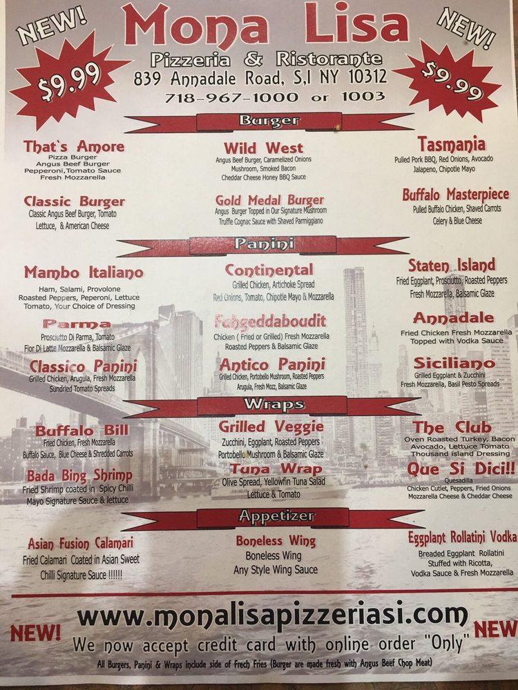 Menu at Mona Lisa Pizzeria, New York City, 839 Annadale Rd