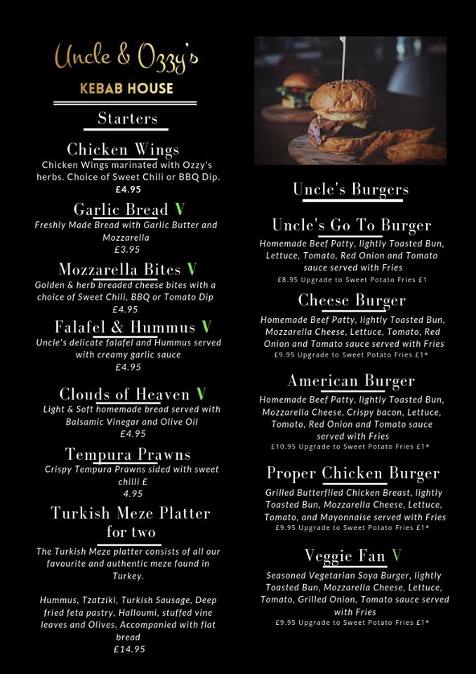 Menu at Uncle & Ozzy’s Kebab House restaurant, Winkleigh