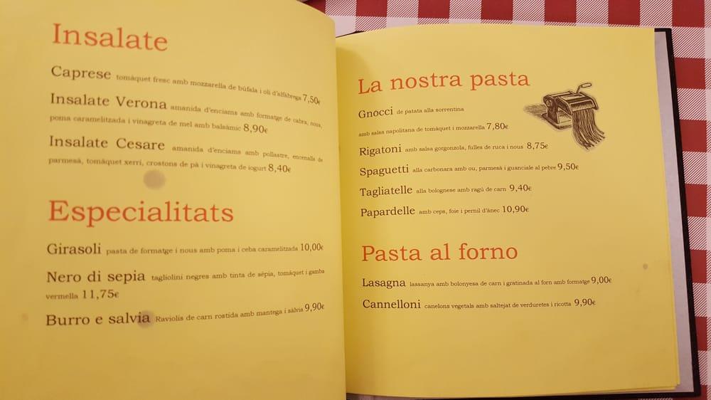 Menu at A Tavola pizzeria, Barcelona, Plaça d'Eivissa