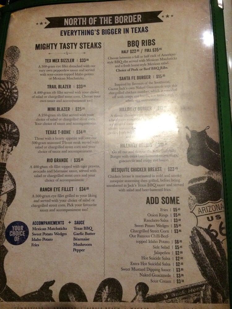 Menu at Cactus Jack's pub & bar, Redcliffe