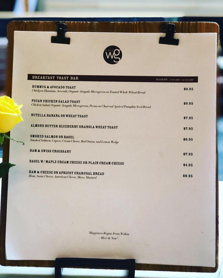 Menu at Café WG cafe, Los Angeles