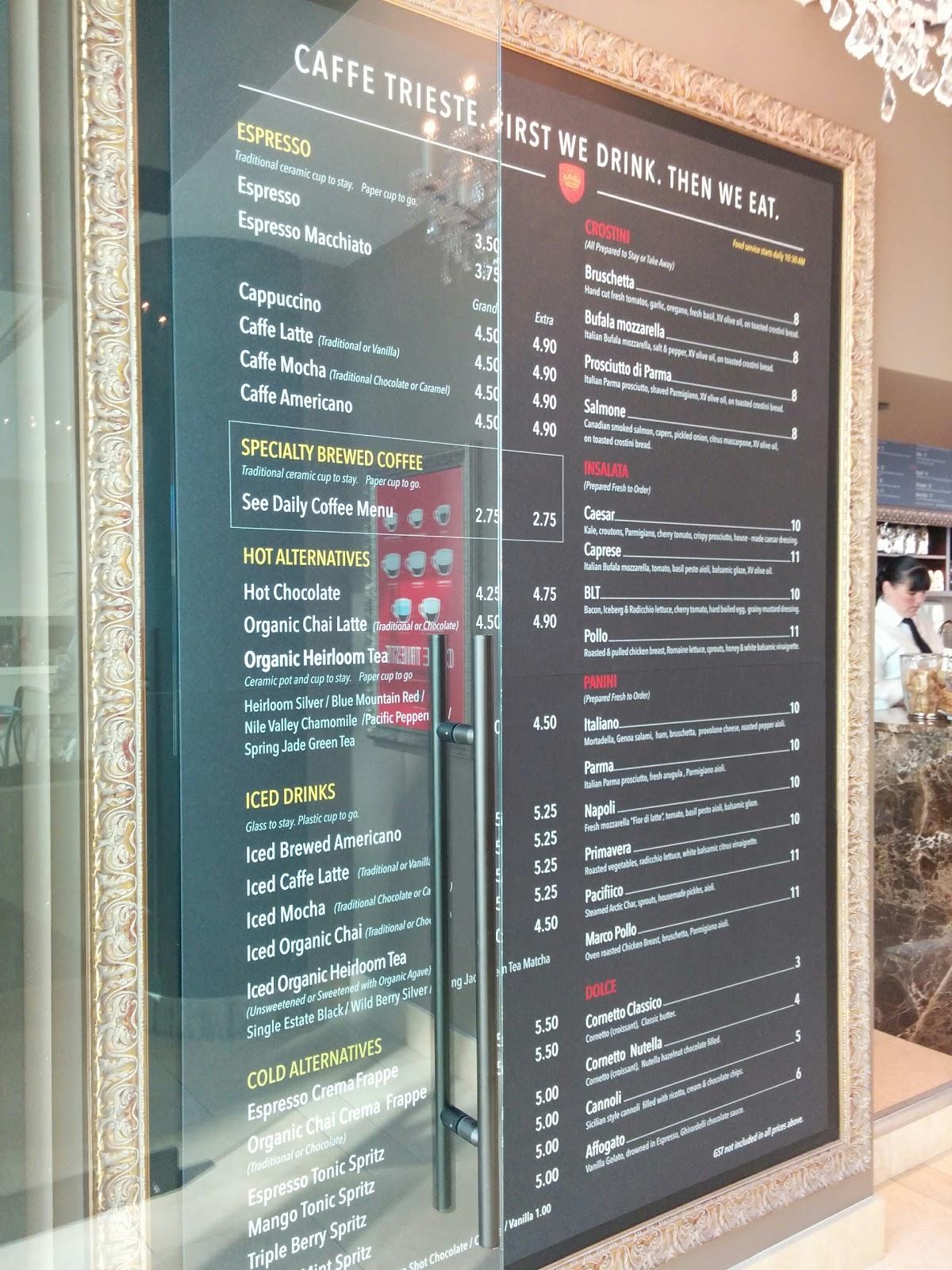 Menu at Caffe Trieste cafe, Calgary