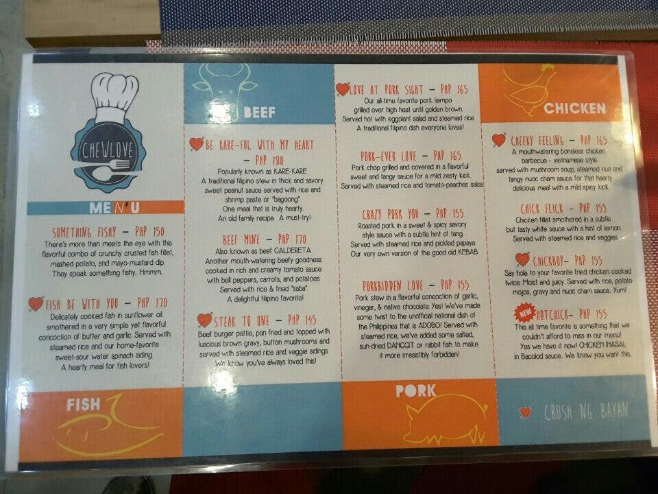 Menu at Chewlove restaurant, Tacloban City