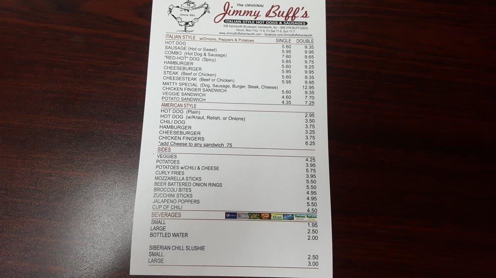 Menu at Jimmy Buff's Italian Hot Dogs restaurant, Kenilworth
