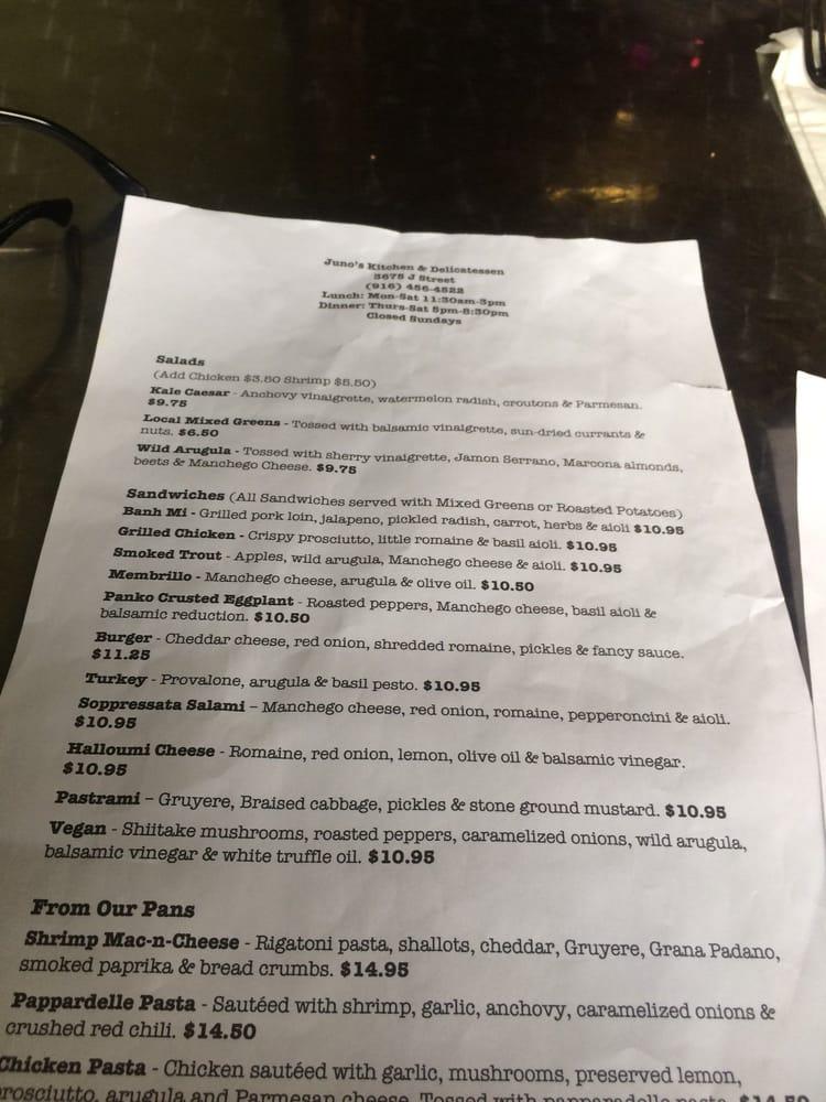 Menu at Juno's Kitchen & Delicatessen restaurant, Sacramento