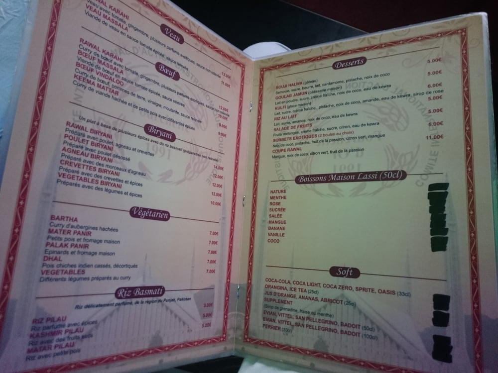Menu au Le Rawal restaurant, Pierrefitte-sur-Seine
