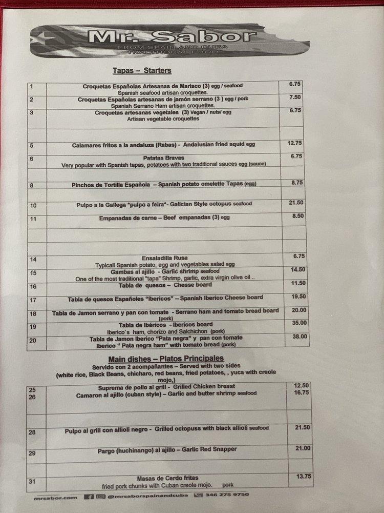 Menu at Mr Sabor from Spain and Cuba restaurant, Webster