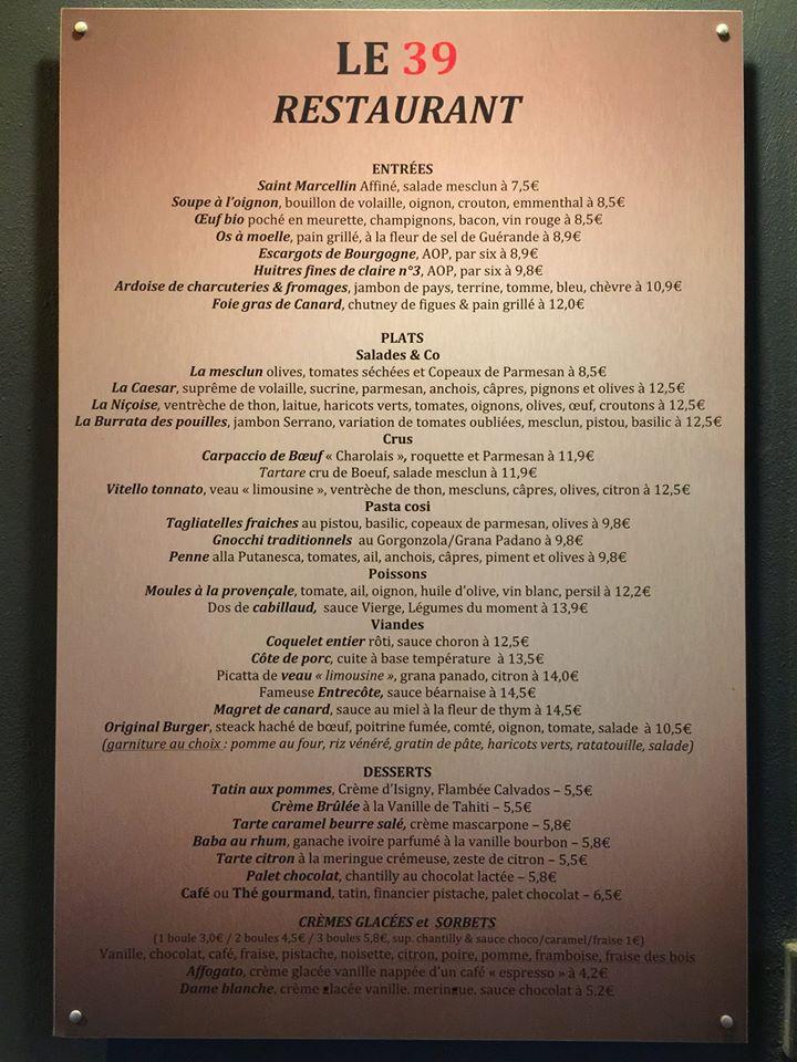 Menu at Restaurant Le 39, Nice