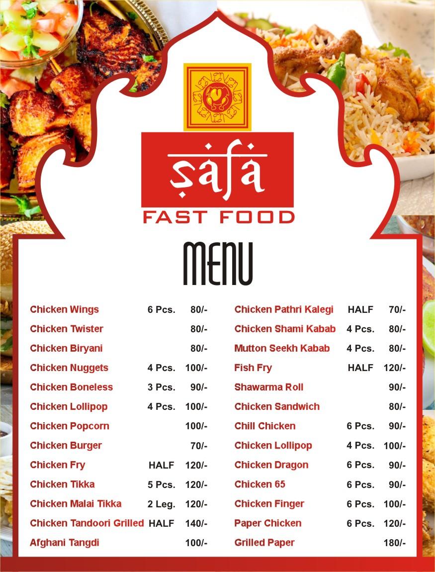 Menu at Safa Fast Food, Bhopal
