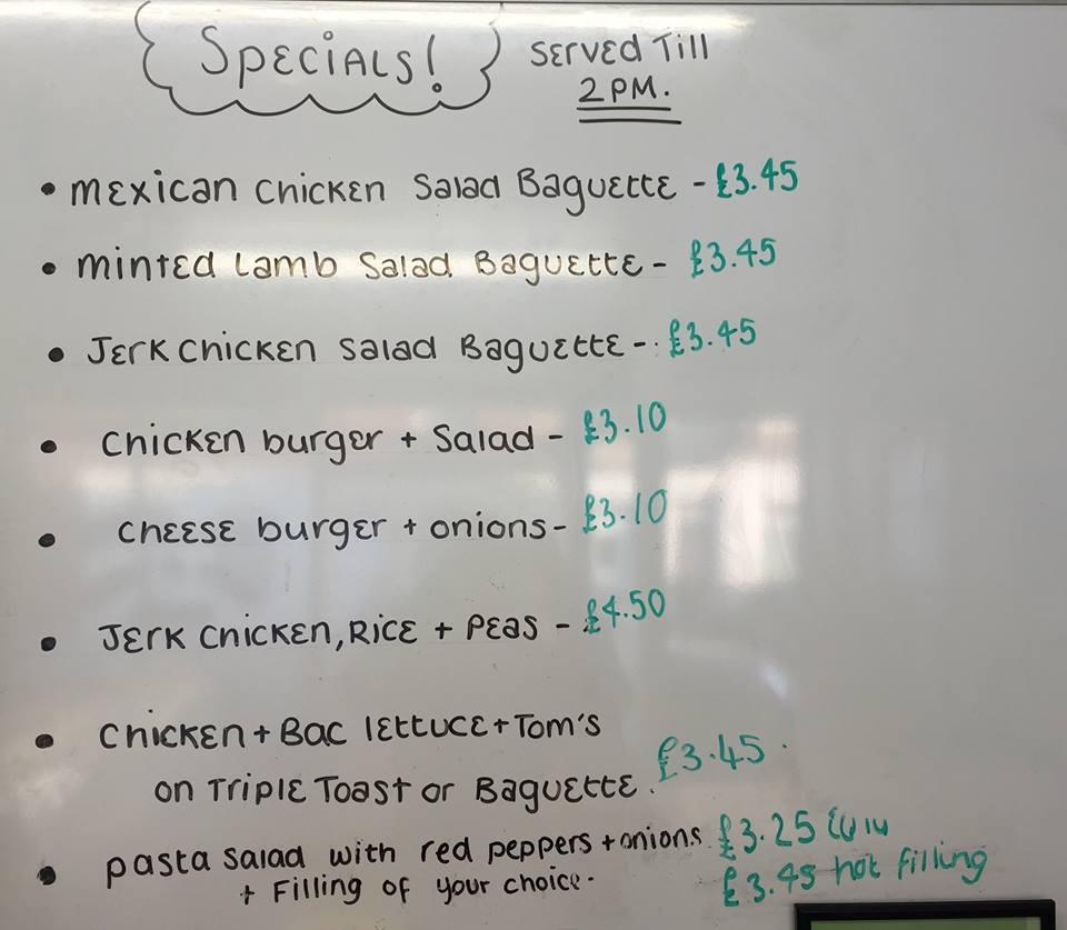 Menu at Suzannes fast food, Manchester