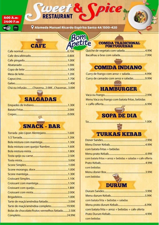 Menu em Sweet & Spice restaurante, Lisboa