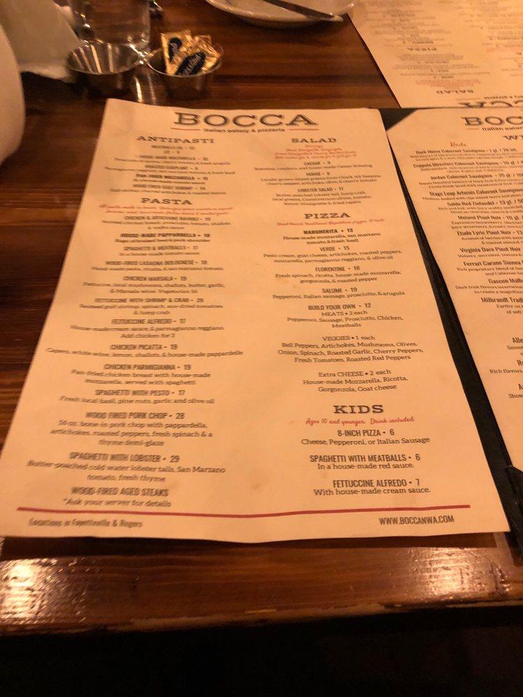 Menu at Bocca Italian eatery & pizzeria, Fayetteville