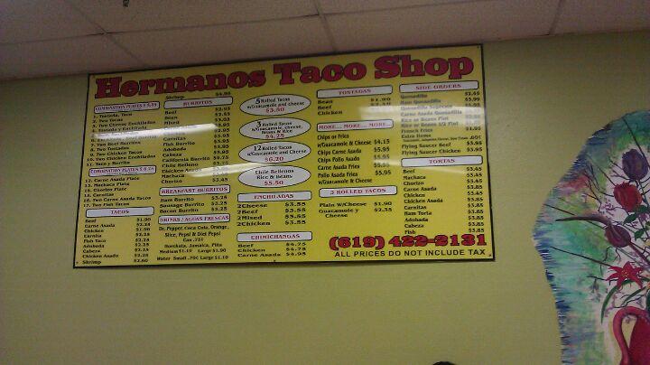 Menu at Hermanos Taco Shop restaurant, Chula Vista