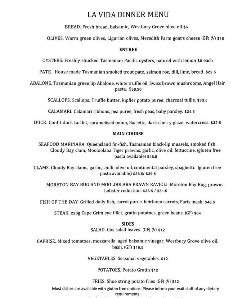 Menu at La Vida Restaurant, Noosa Heads