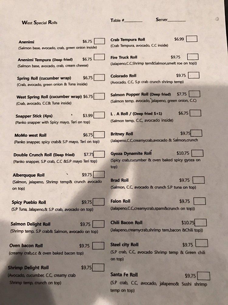 Menu at Mo Mo West Sushi Bar and Japanese Restaurant, Pueblo West