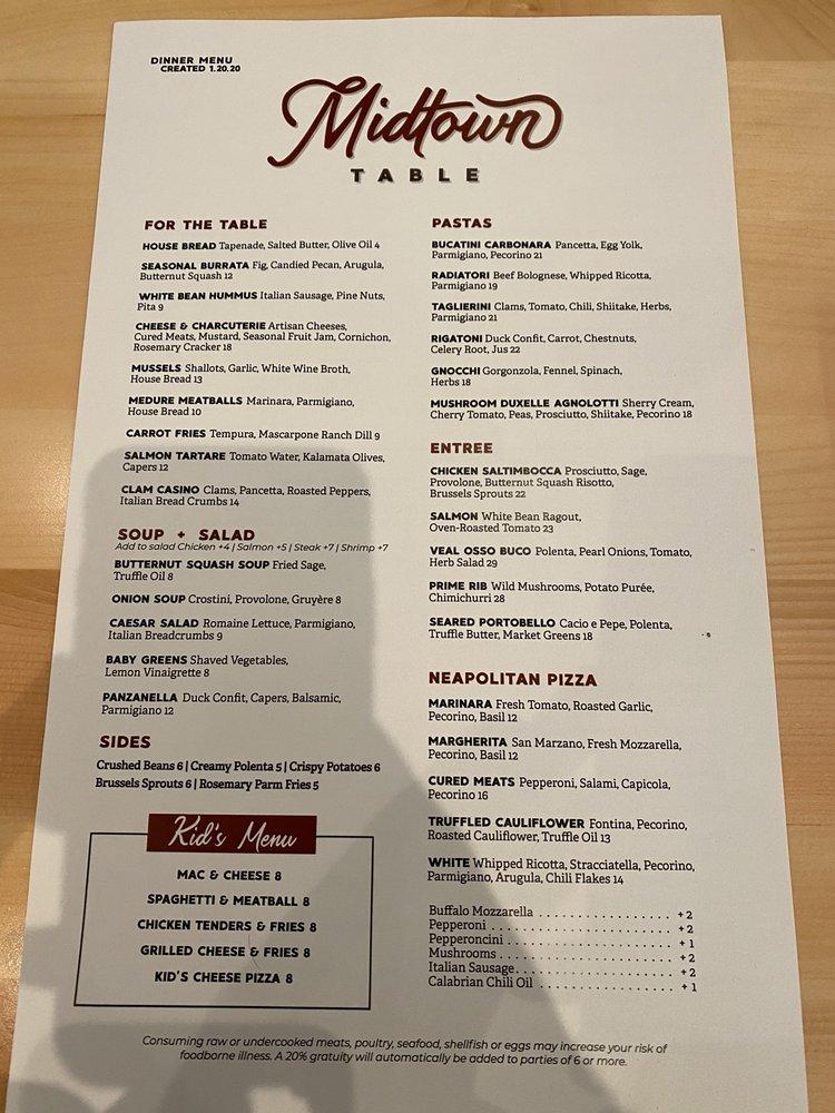 Menu at Midtown Table pub & bar, Jacksonville