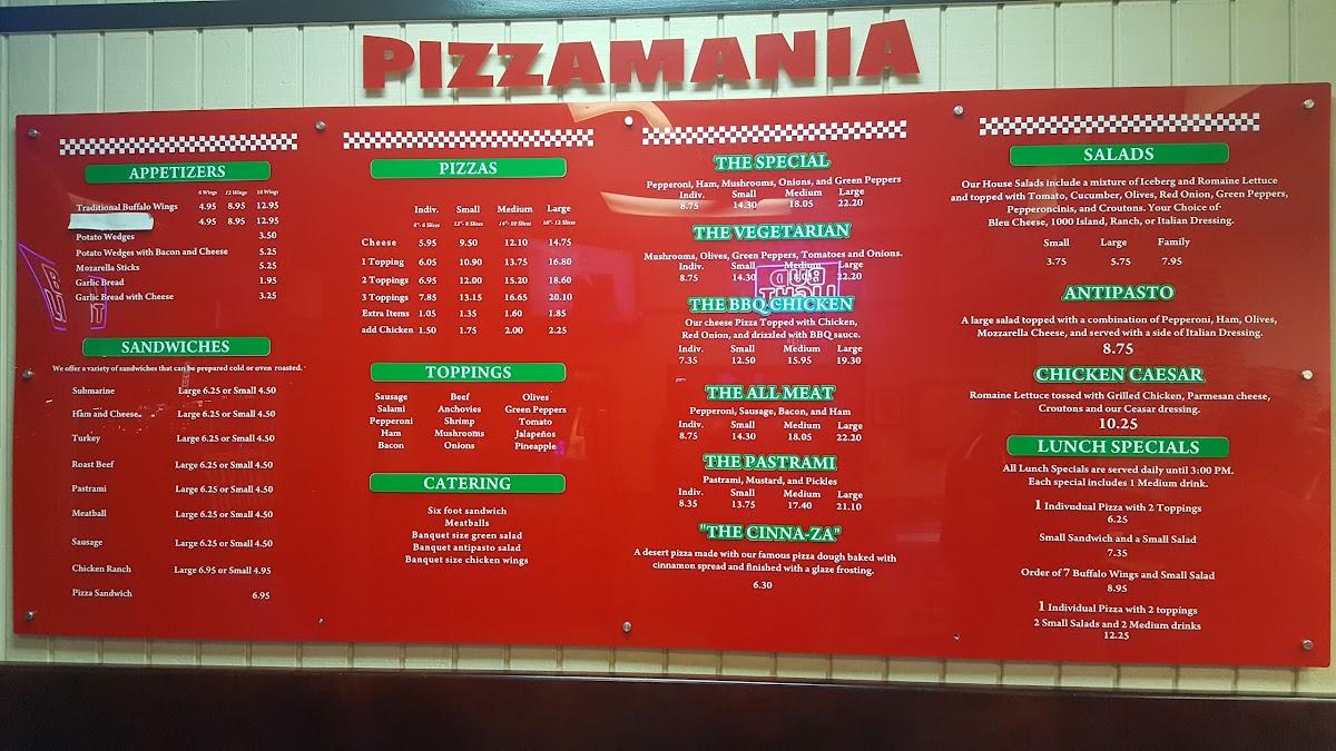 Menu at Pizzamania pizzeria, Whittier