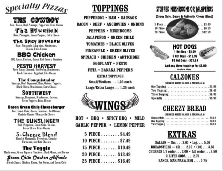 Menu at Roadrunner Pizza pizzeria, Las Cruces